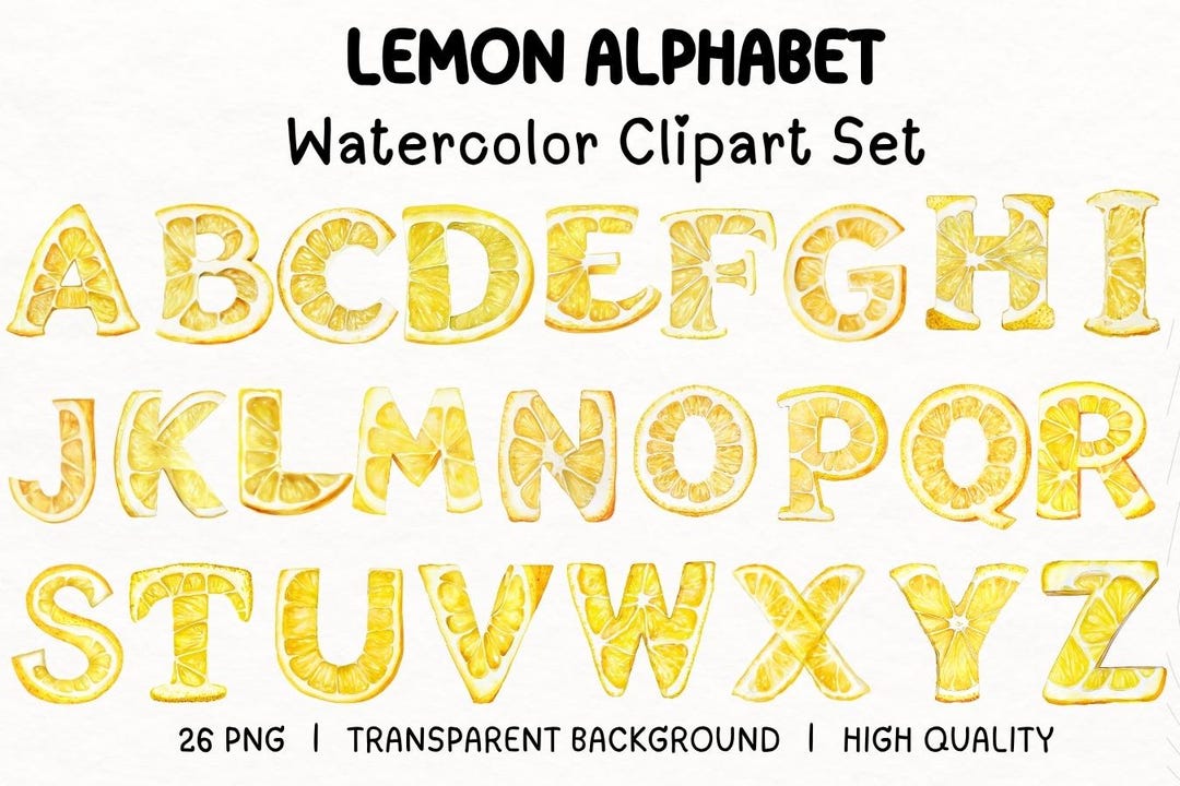 Watercolor Lemon Alphabet Clipart: Citrus Letters PNG (digital Download ...