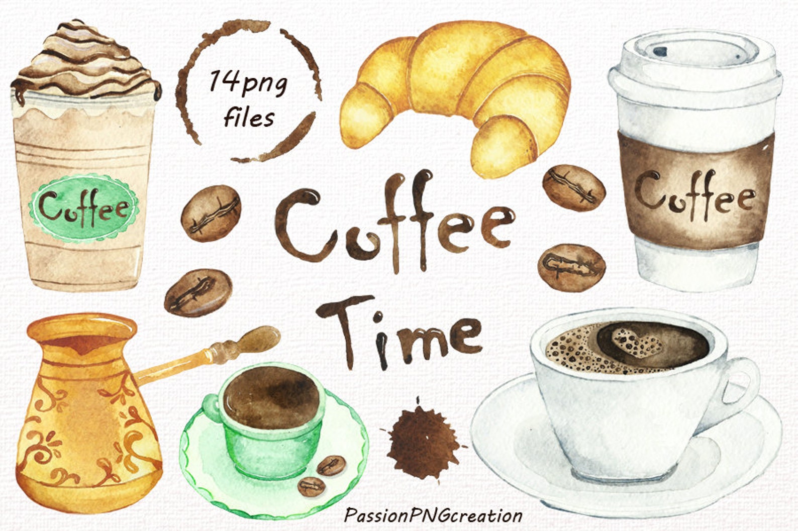 Watercolor Coffee Time Clipart Digital Coffee Clip Art PNG - Etsy