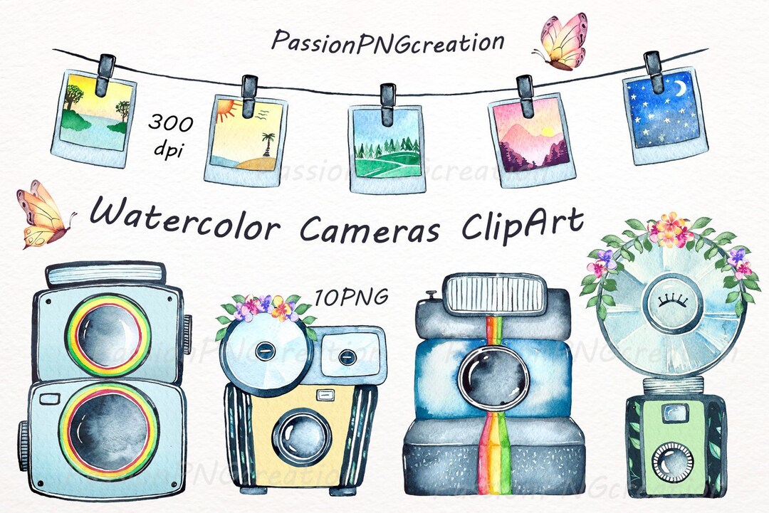 Watercolor Cameras Clipart, Watercolor Photocamera, Photo Frame, Retro ...
