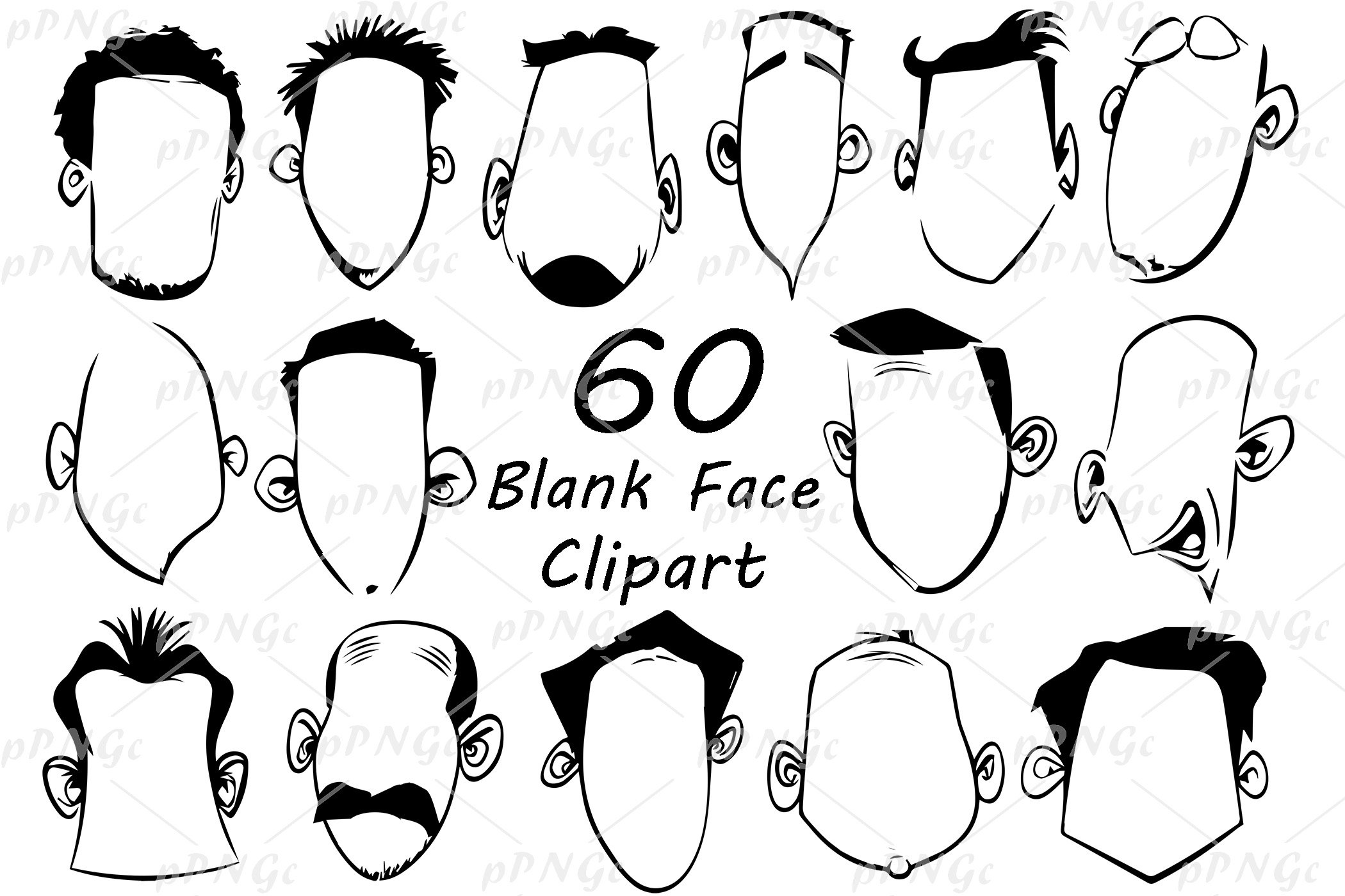 Doodle Blank Faces Clipart: 60 Character Design Elements (PNG, Vector ...