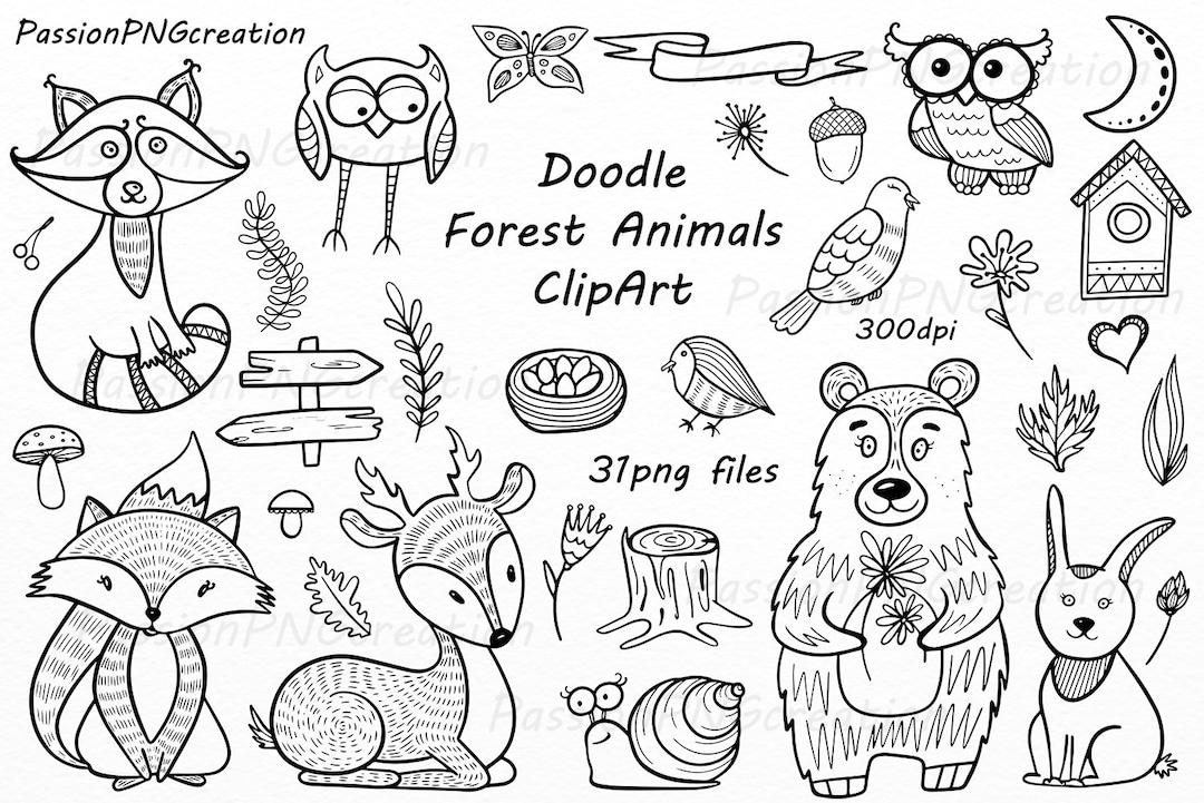 Doodle Forest Animals Clipart Set, Hand Drawn Woodland, Png, Eps, Ai ...