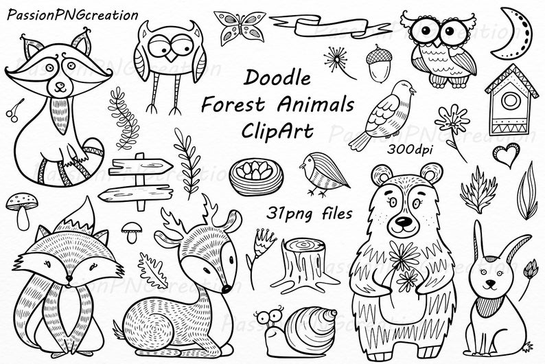 Doodle Wald Tiere ClipArt Set, von Hand gezeichnet Wald, Png, Eps, Ai ...