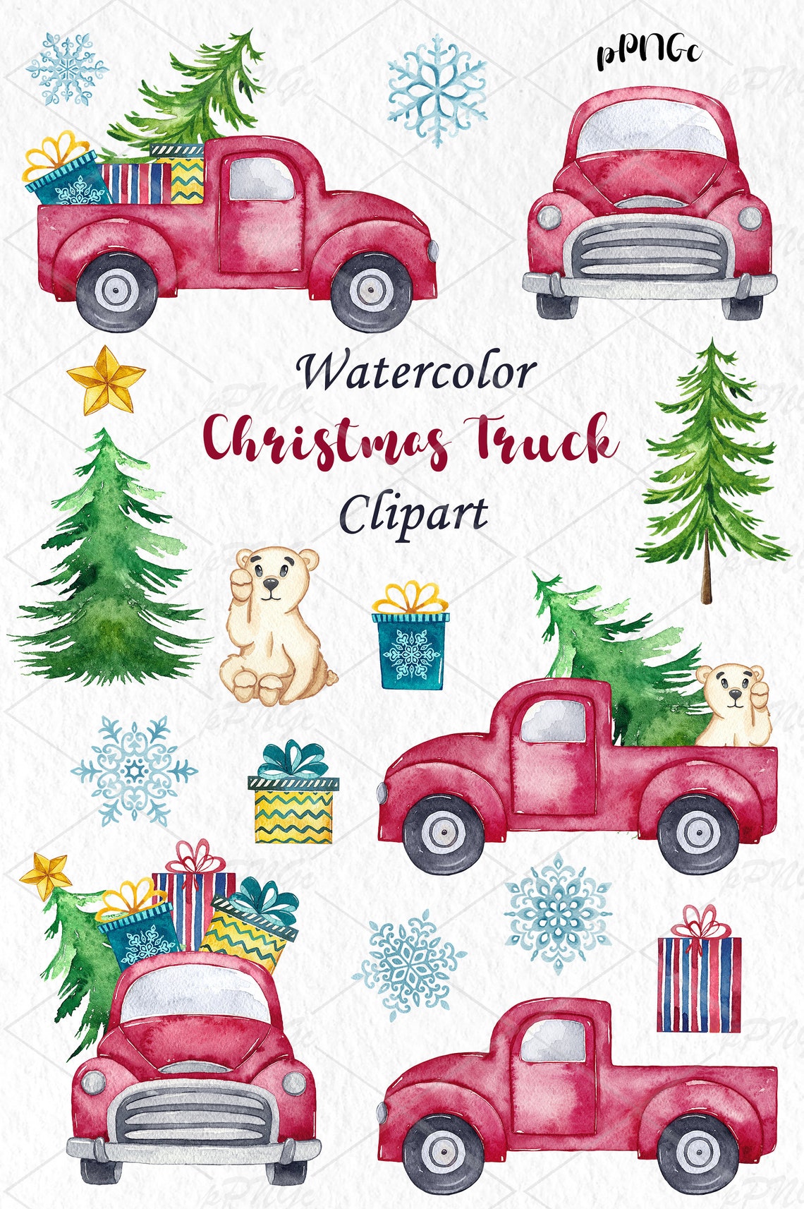 Watercolor Christmas Truck Clipart Holiday Red Car New Year | Etsy