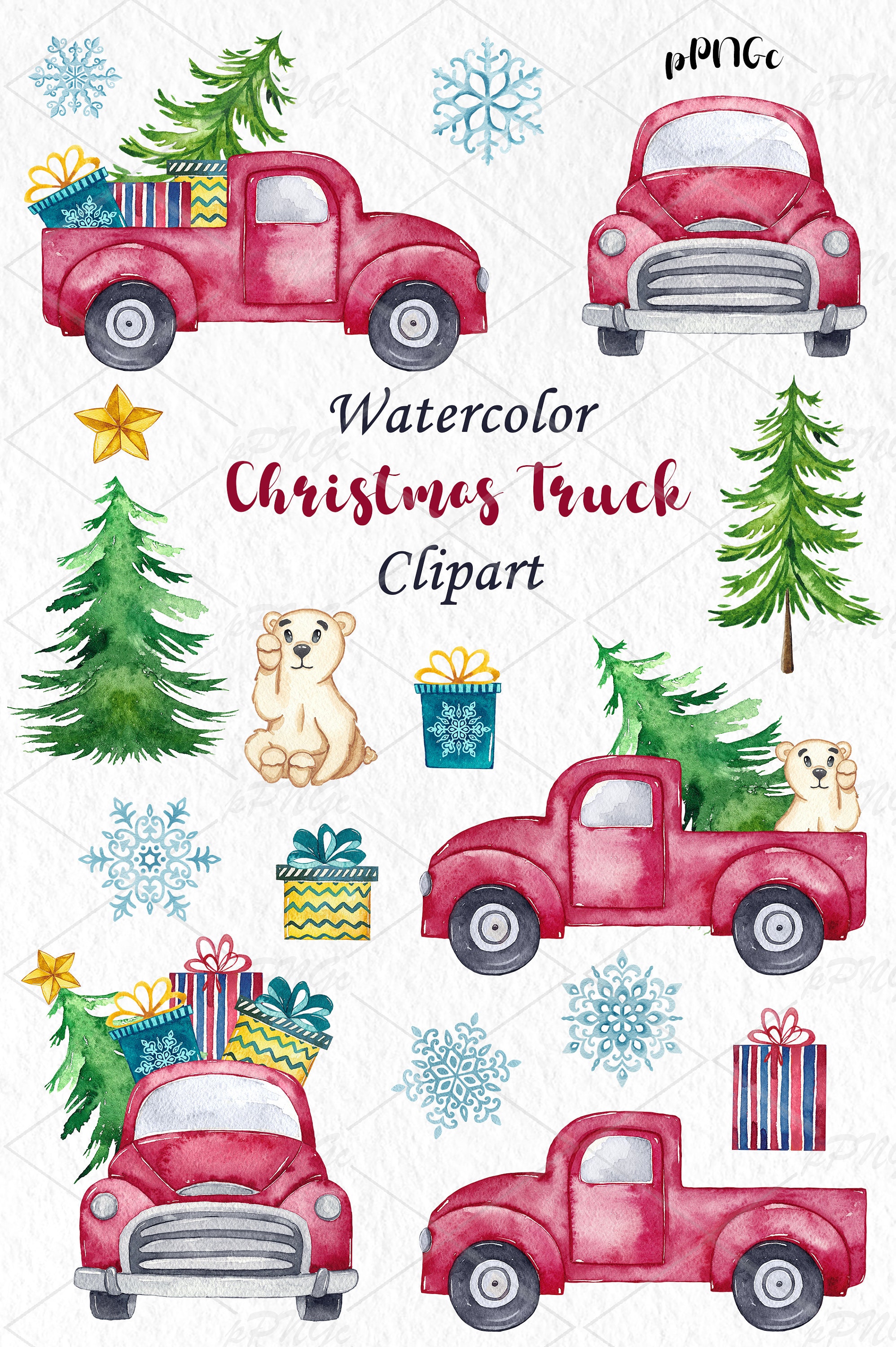 Watercolor Christmas Truck Clipart Holiday Red Car New Year | Etsy
