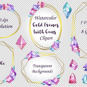 Watercolor Gold Frames With Gems, Crystals Clipart, PNG Files, Wedding ...