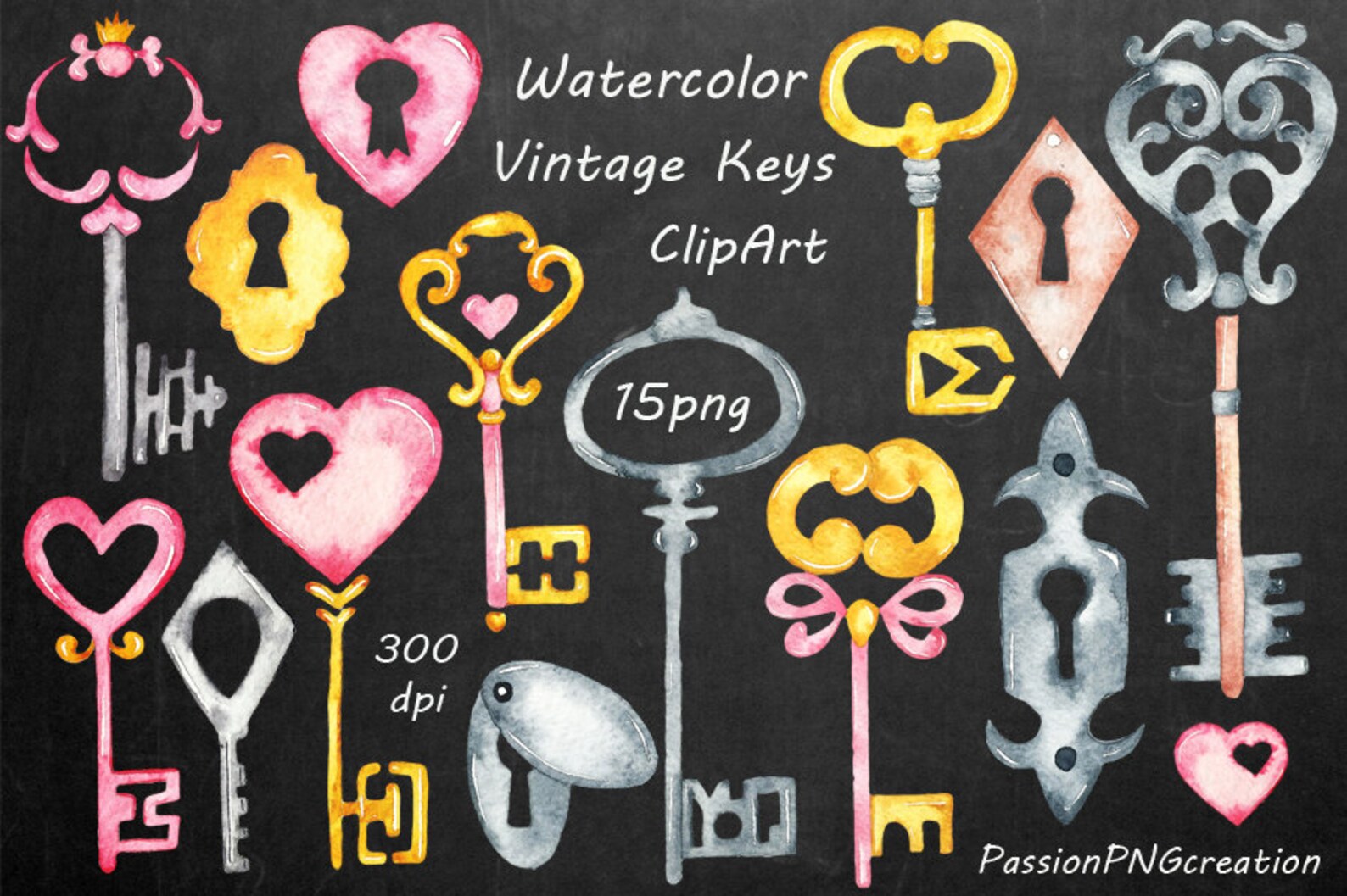 Watercolor Vintage Keys Clipart Love Key Clip Art Watercolor | Etsy
