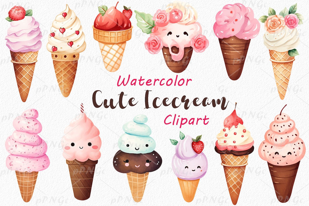 Watercolor Ice Cream Cone Sundae Clipart Set – Cute Watercolor Sweet ...