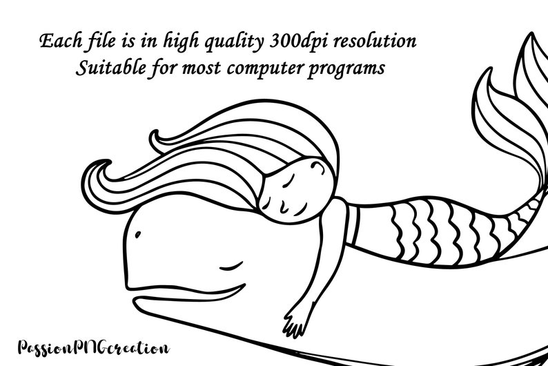 Hand Drawn Mermaid Clipart Digital Stamps Cute Coloring - Etsy