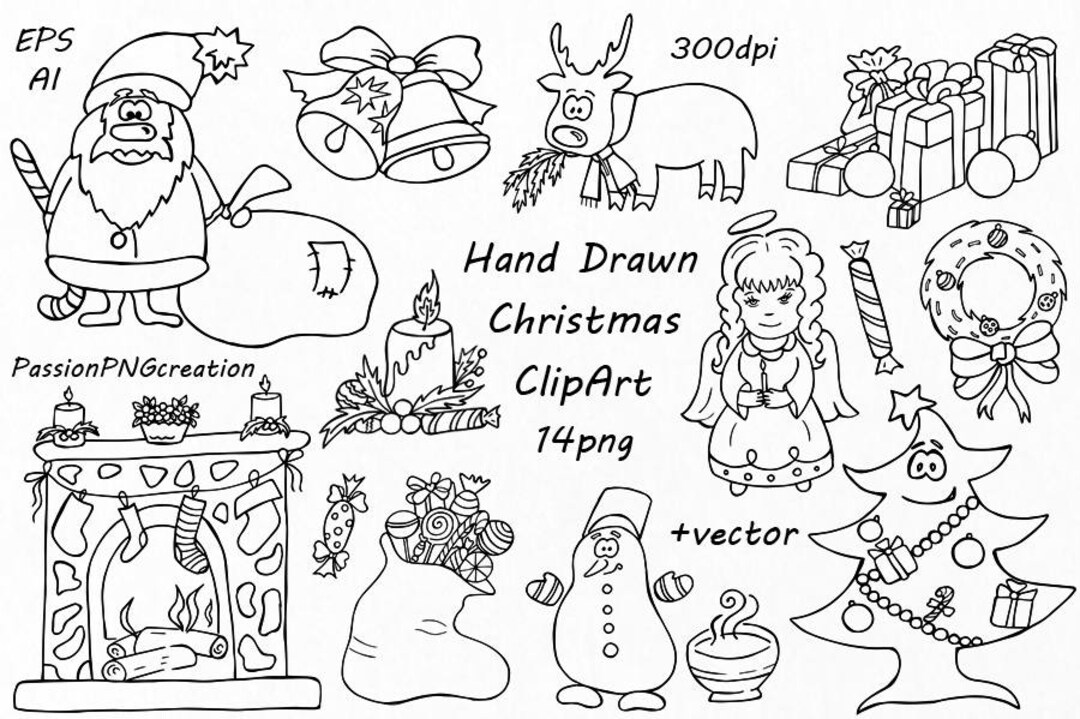 Hand Drawn Christmas Clipart Doodle Christmas Happy New - Etsy