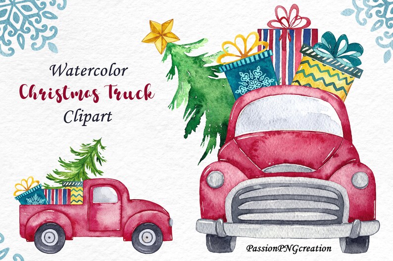 Watercolor Christmas Truck Clipart Holiday Red Car New Year - Etsy