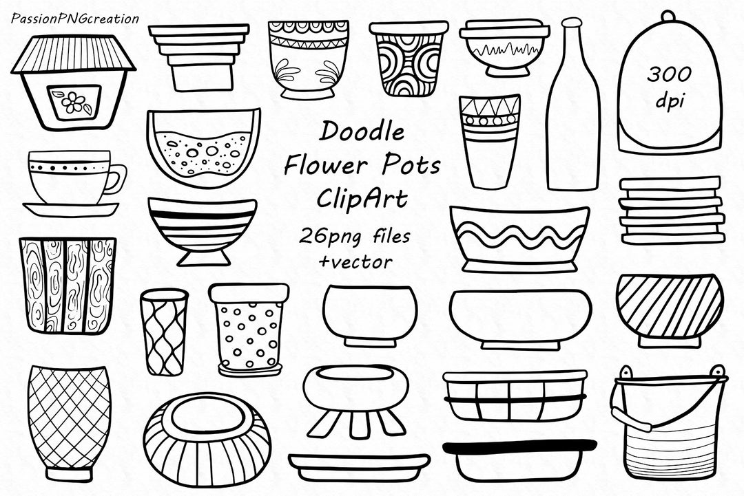 Doodle Flower Pots Clipart, Hand Drawn Pots, Coloring, Png, Eps, Ai ...