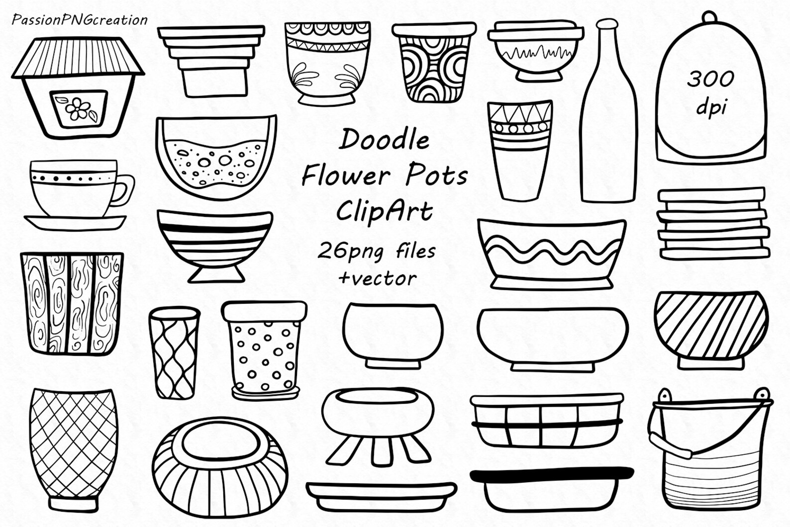 Doodle Flower Pots Clipart Hand Drawn Pots Coloring Png | Etsy