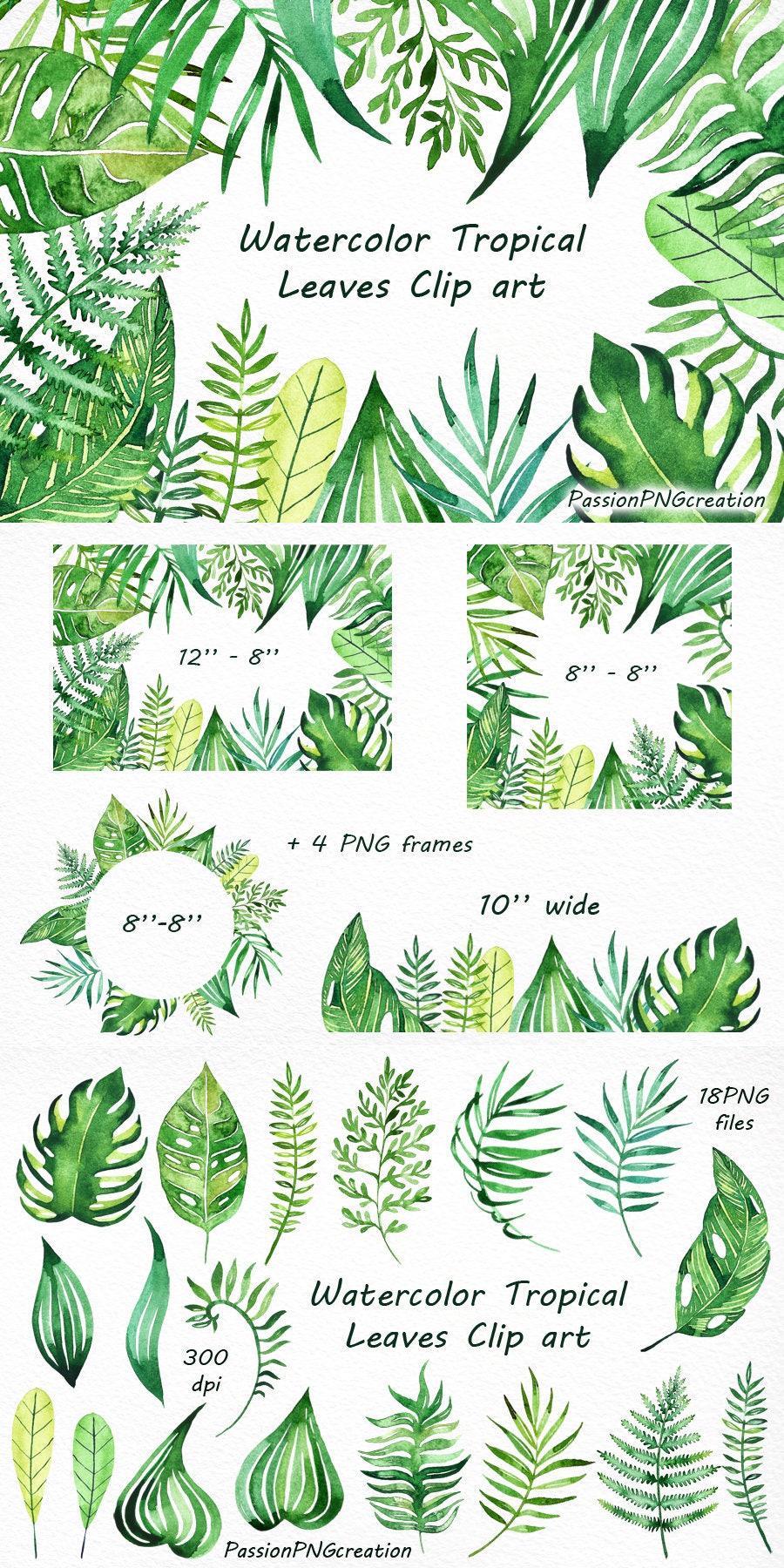 Watercolor Tropical Leaves Clip Art Handpainted Clipart PNG | Etsy