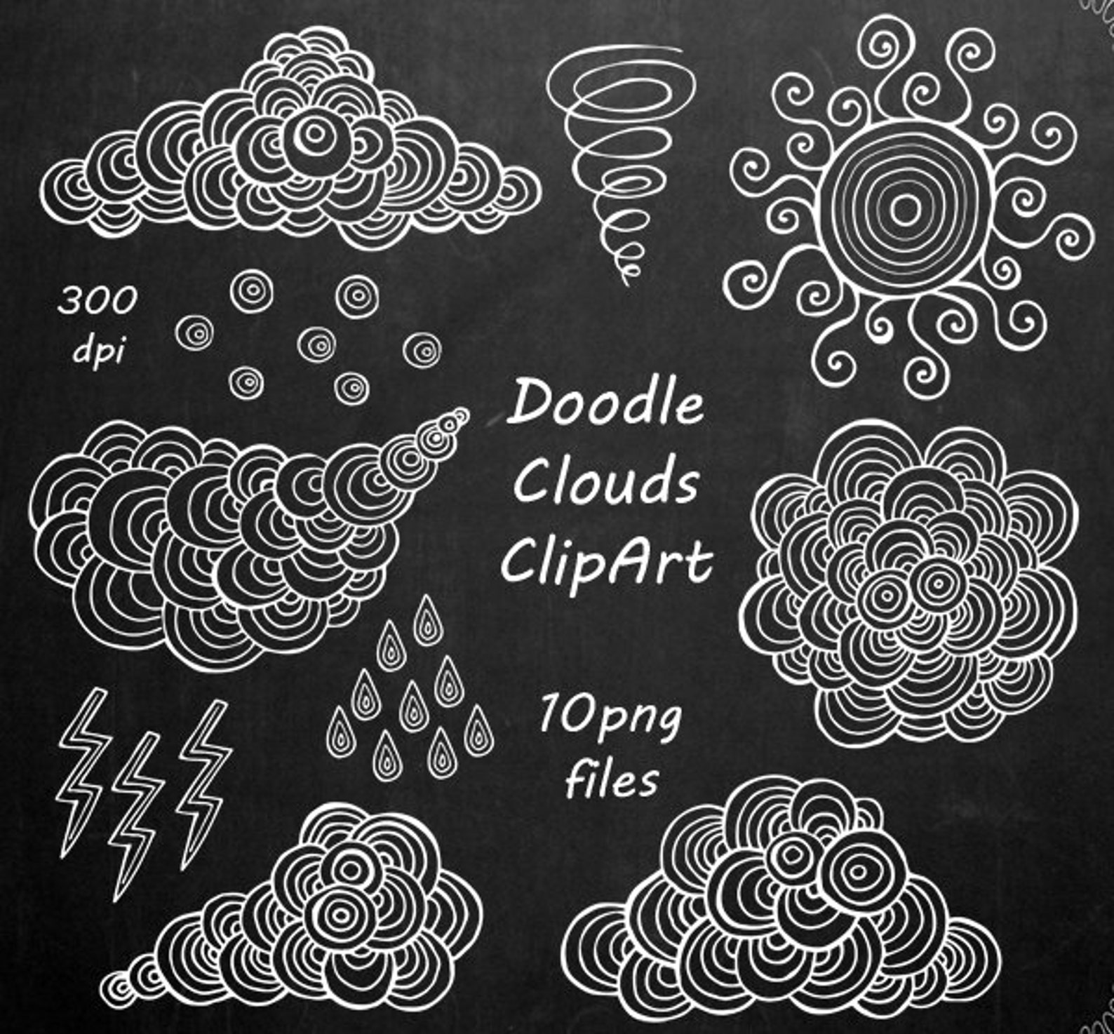 White Hand Drawn Doodle Clouds Clipart Doodle Sun Clip Art - Etsy
