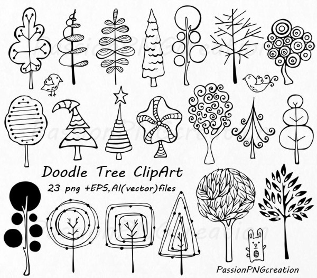 Doodle Trees Clipart, Hand Drawn Tree Clip Art, Digital Tree, Whimsical ...