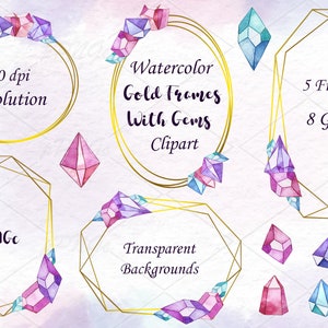 Watercolor Gold Frames With Gems, Crystals Clipart, PNG Files, Wedding ...