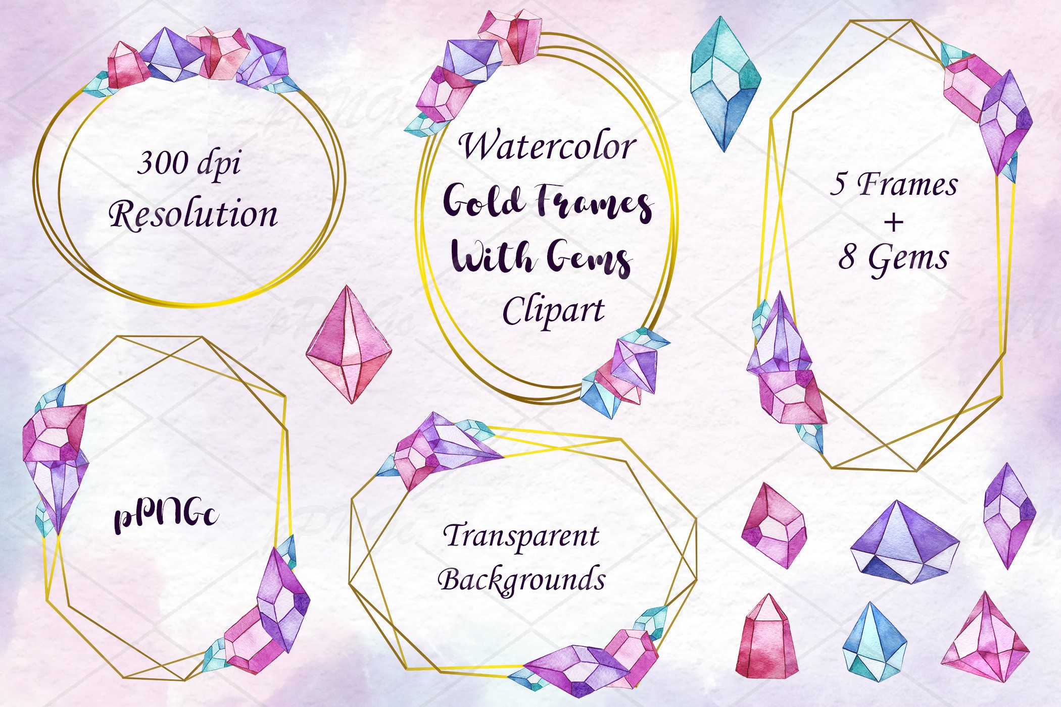 Watercolor Gold Frames With Gems Crystals Clipart PNG Files | Etsy