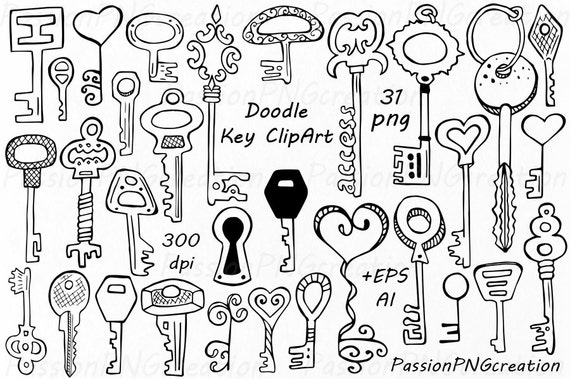 Doodle Keys Clipart Hand Drawn Key Digital Key Clip Art | Etsy UK