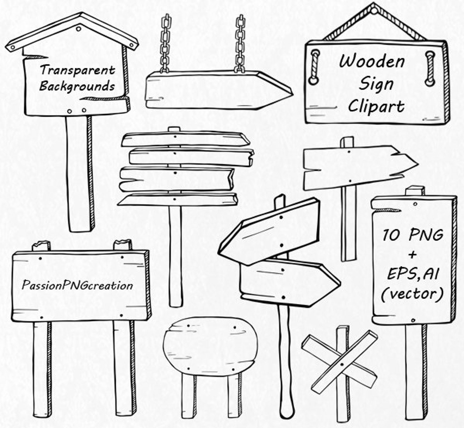 Hand Drawn Wooden Sign Clipart: Doodle Vector Graphics (PNG, EPS, AI ...