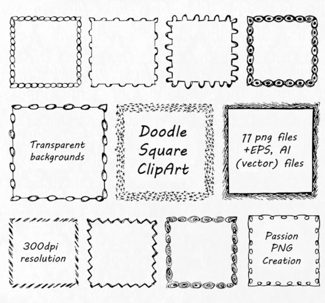 Doodle Square Clipart Hand Drawn Square Frames Clip Art PNG - Etsy