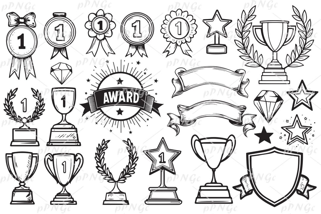 Trophy Clipart Bundle: Award Medals, Ribbons, and Banners (SVG, PNG ...
