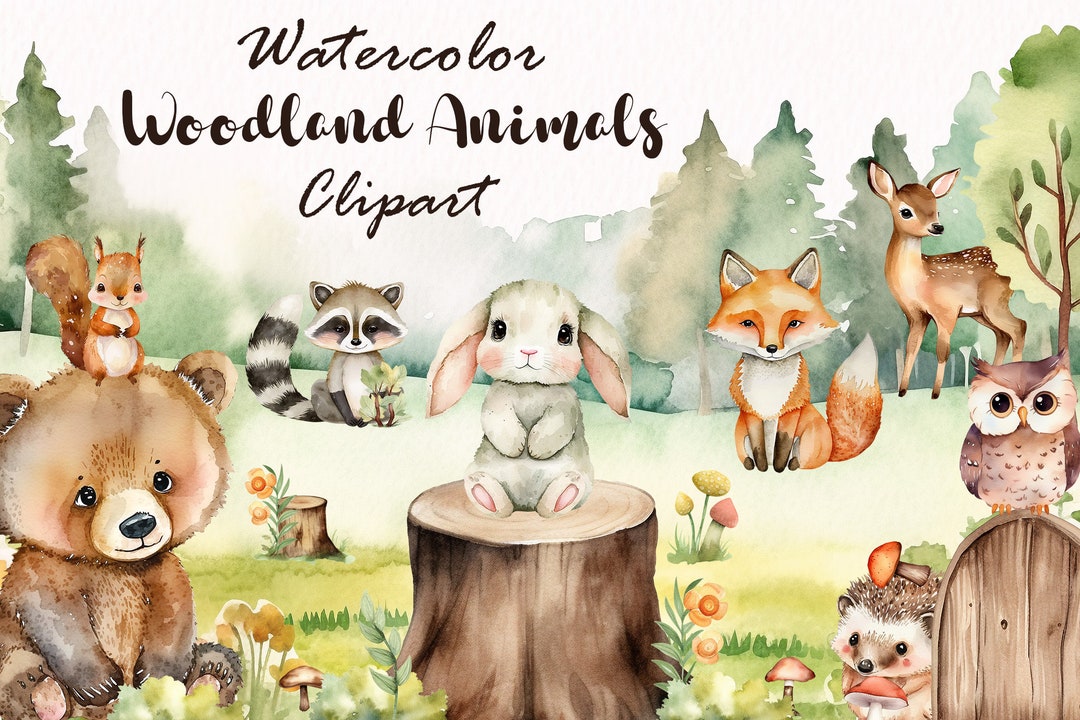 Watercolor Woodland Animals Clipart Set - Bear, Hare, Squirrel, Raccoon ...