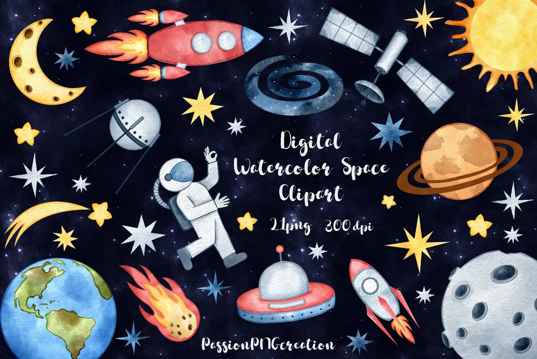 Watercolor Space Clipart: Planets, Stars, Spaceships (digital Download ...
