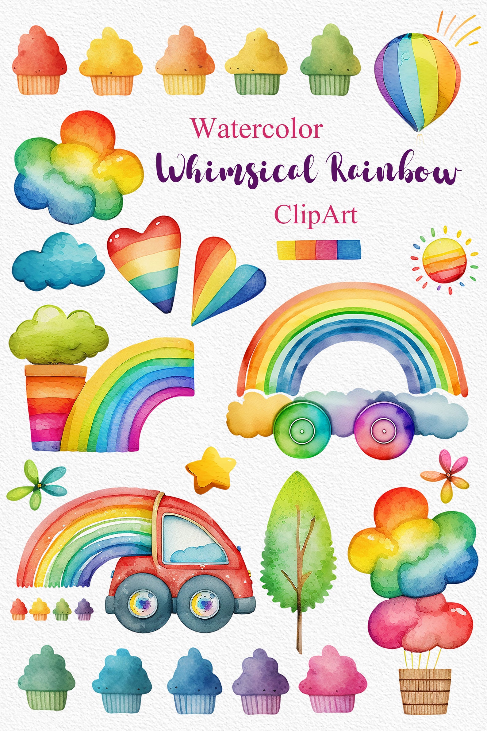 Watercolor Rainbow Clip Art Cars Whimsical Rainbow Watercolor - Etsy