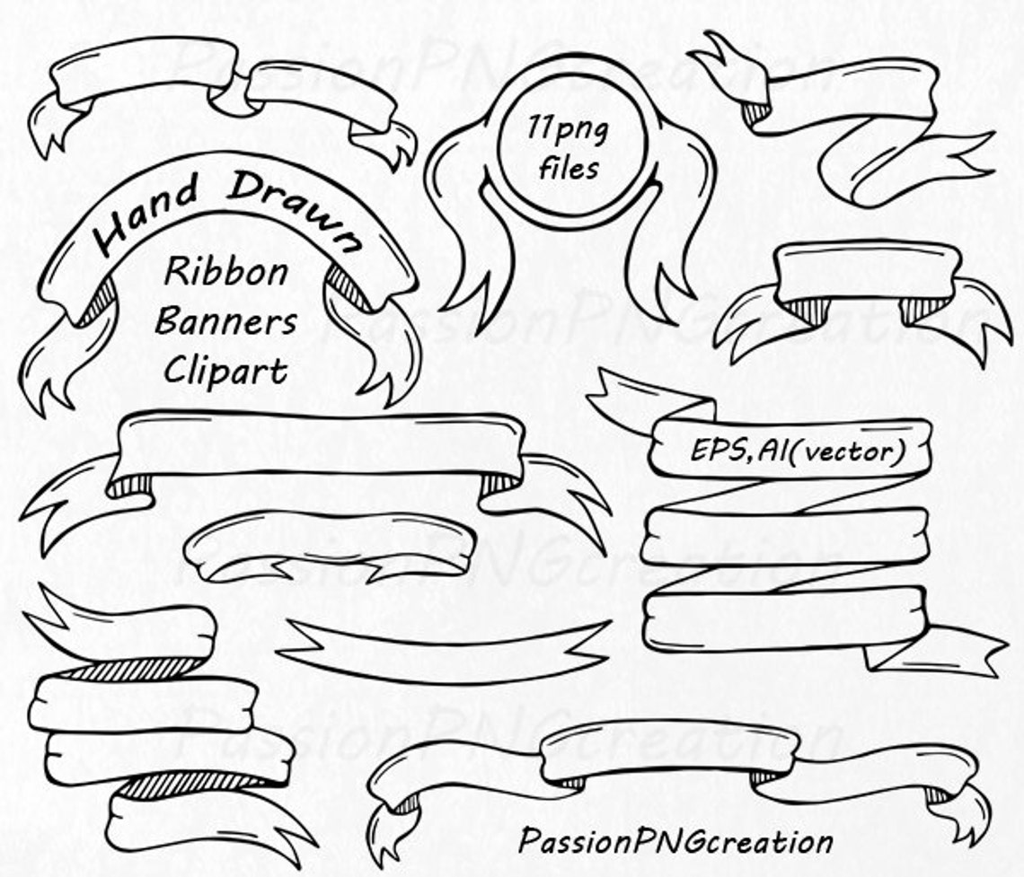 Hand Drawn Ribbon Banners Clipart Doodle Clip Art Elements - Etsy