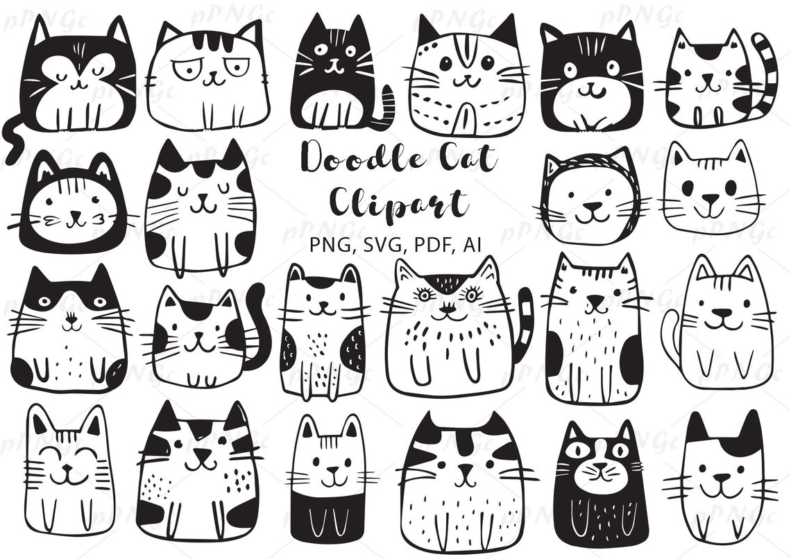 Doodle Cats Clipart Bundle: Vector Line Art (PNG, SVG, AI) - Etsy