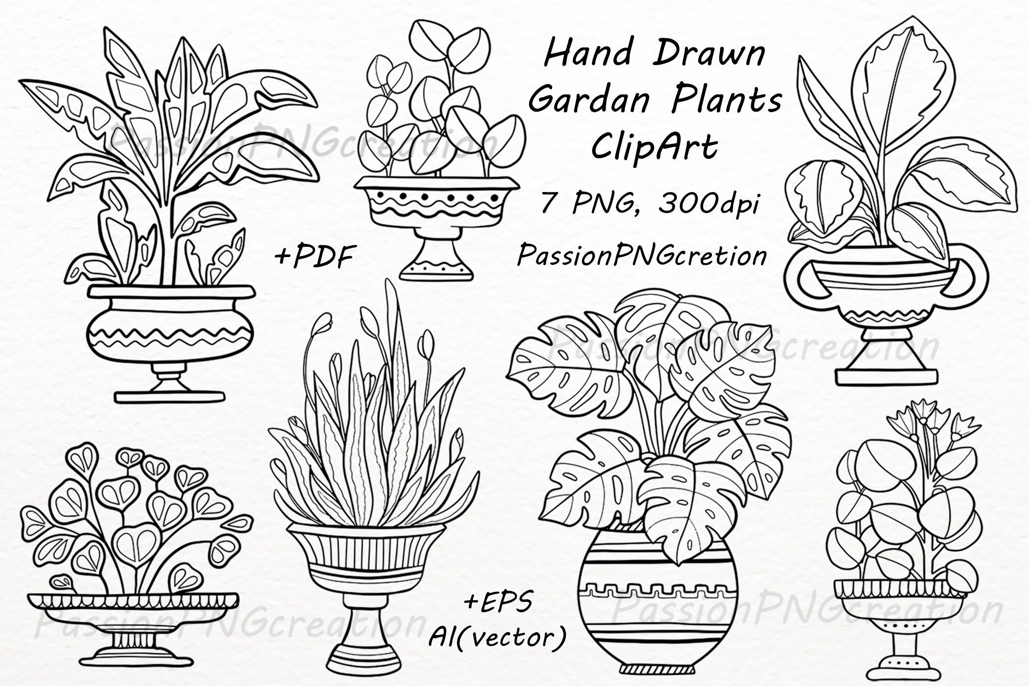 Hand Drawn Garden Plants Clipart Doodle Potted Plants Clip - Etsy