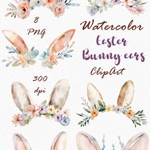 Easter Bunny Ears Clipart, Watercolor Spring Holyday Rabbit, Flowers ...