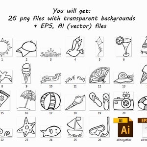 Doodle Summer Clipart, Hand Drawn Vacation Clipart, Digital Clip Art ...