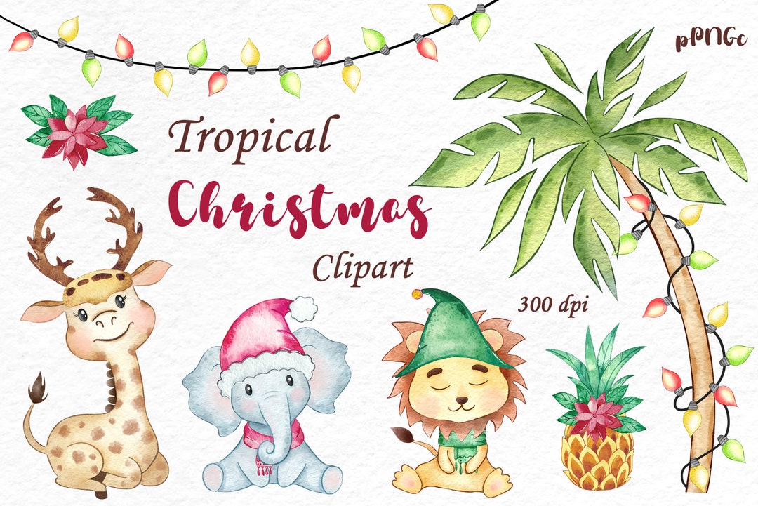 Tropical Christmas Clipart, Safari Animals Watercolor Clipart With ...