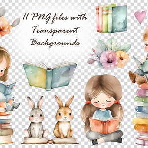 Watercolor Children Reading Books Clipart, Kids Love Books, Png Files ...