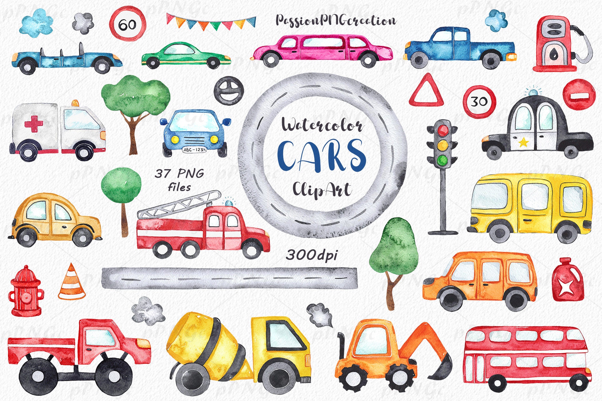 Watercolor Cars Clipart Transport Clipart Cute Cartoon Cars - Etsy UK