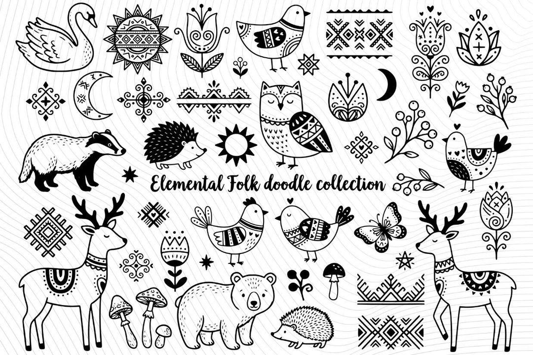 Folk Art Animal Clipart Bundle Nordic Forest Doodles SVG PNG DXF ...