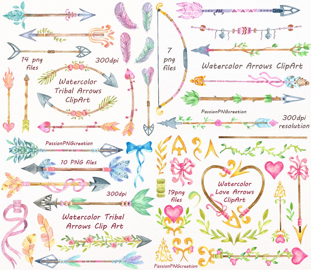 BIG SET of Watercolor Tribal Arrows Clip Art, Handpainted Clipart, PNG ...