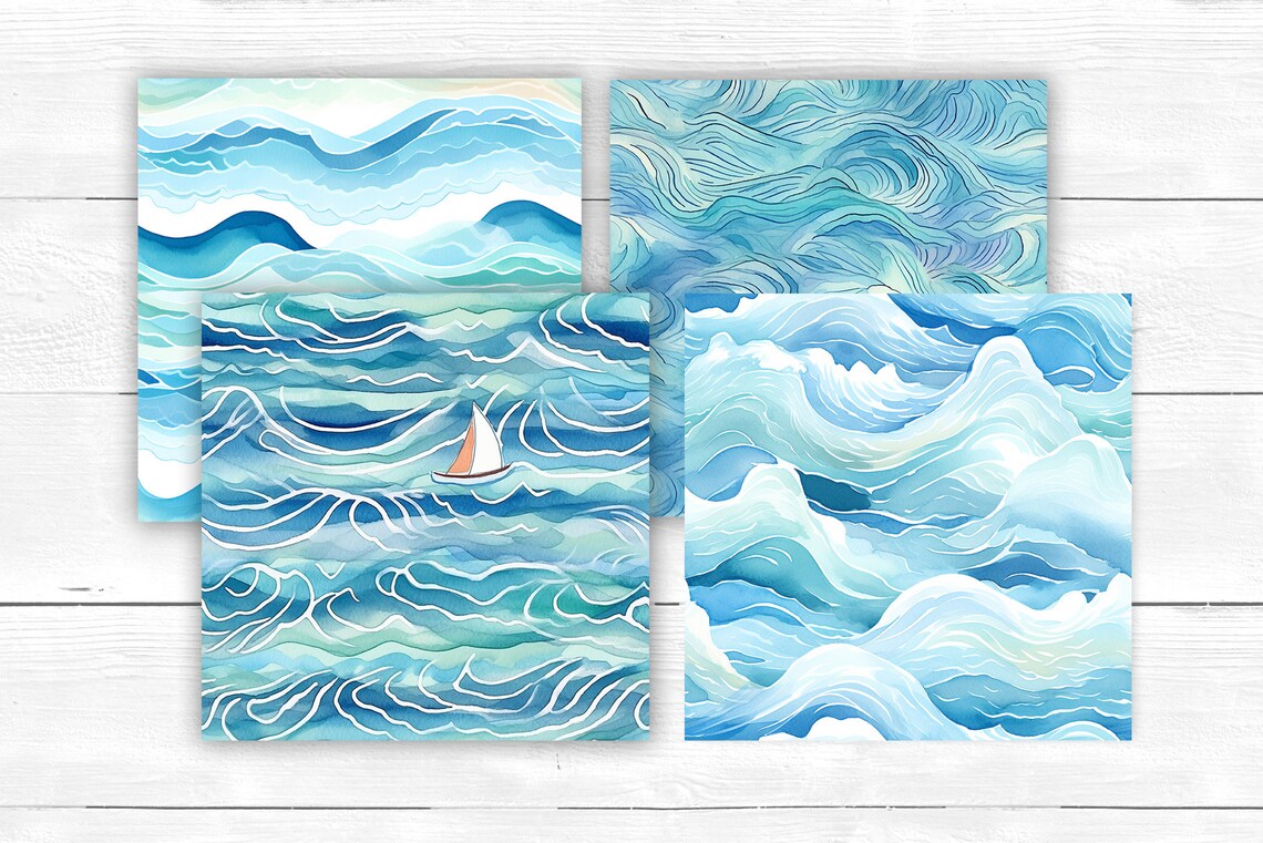 Ocean Waves Watercolor Seamless Patterns: Sea-inspired Designs (digital ...