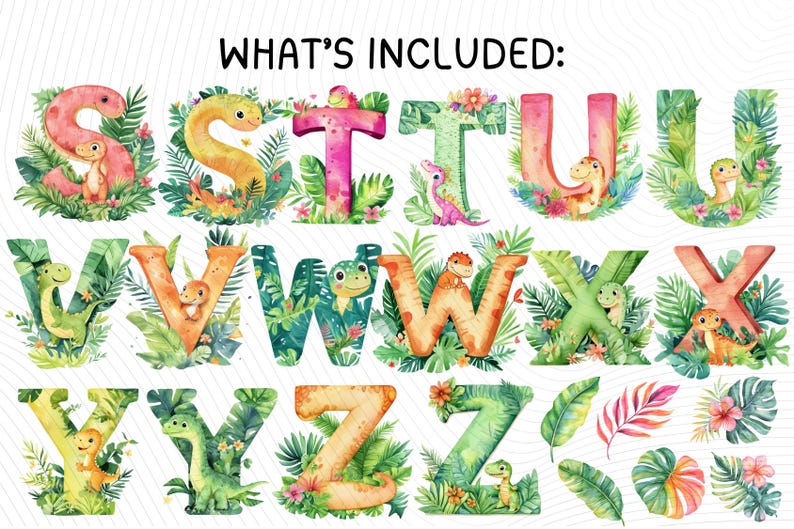 Dinosaur Alphabet Clipart Bundle: Watercolor Letters, Tropical Leaves ...
