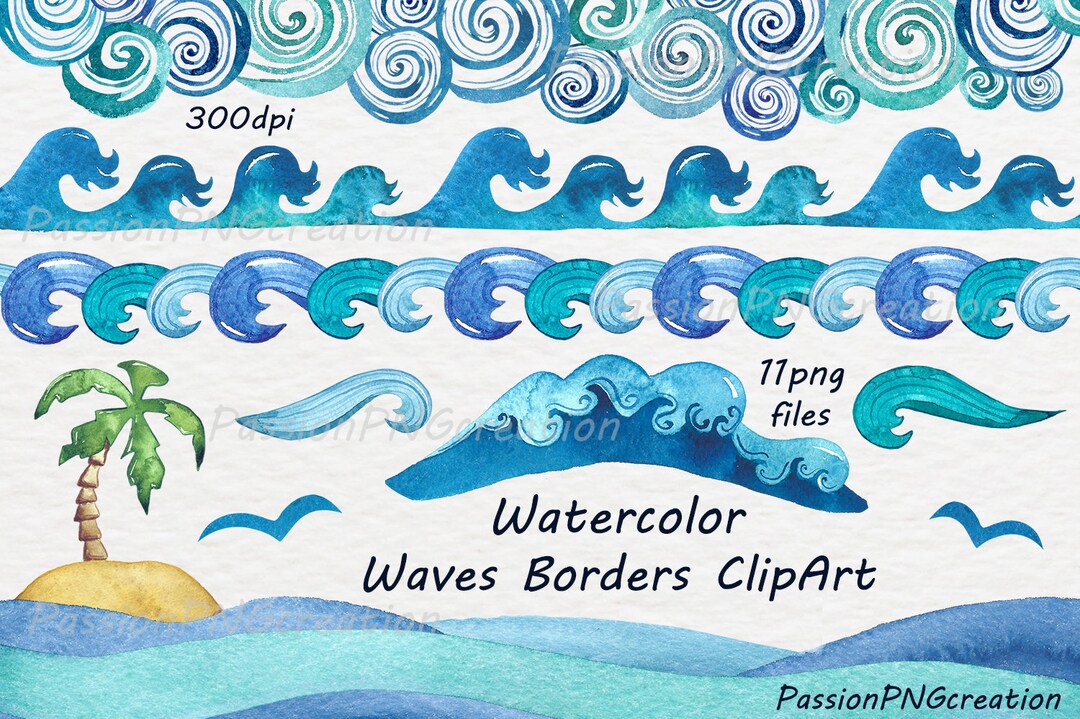 Watercolor Waves Borders Clipart, Waves Clip Art, Watercolour, Wave ...