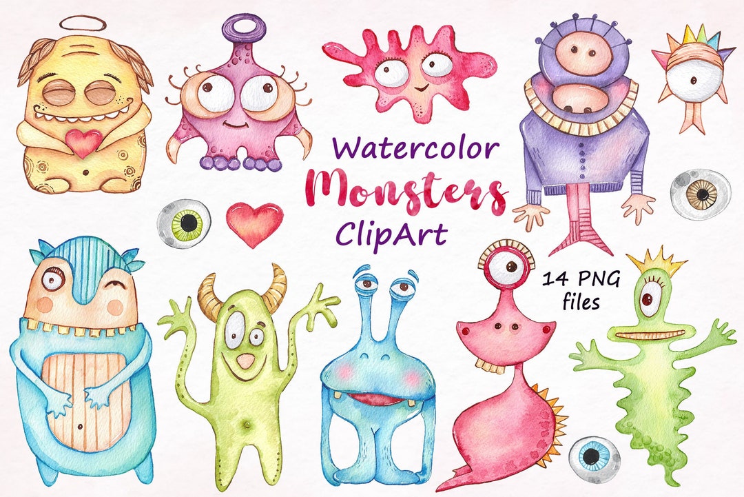Watercolor Monsters Clipart, Cute Monster Birthday Party, Halloween ...
