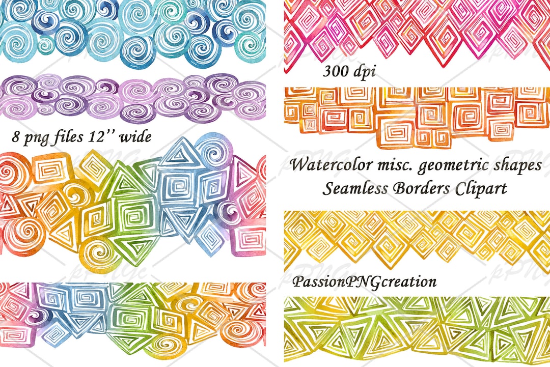 Watercolor Misc. Geometric Shapes Seamless Borders Clipart, Rainbow ...