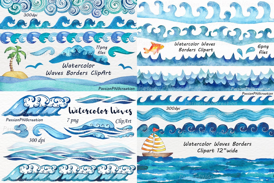 Big Set of Watercolor Waves Borders Clipart Waves Clip Art - Etsy