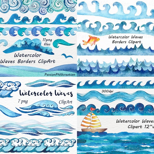 Watercolor Waves Borders Clipart Waves Clip Art Watercolour - Etsy