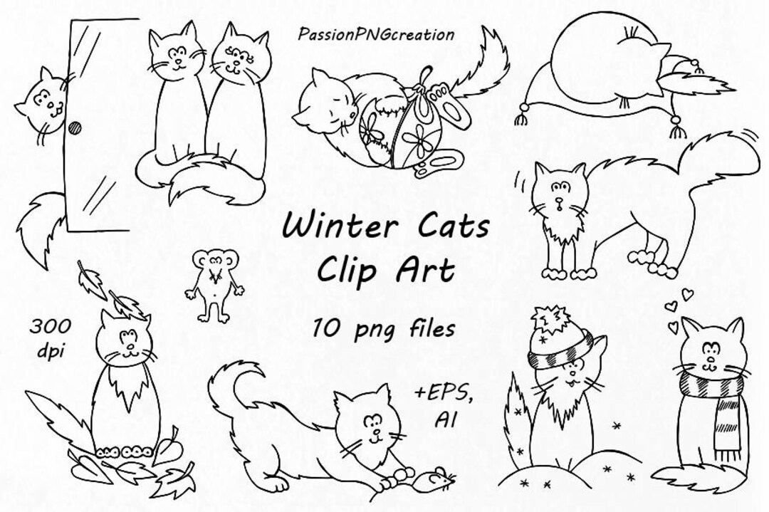 Winter Cats Clip Art, Doodle Cats Clipart, Hand Drawn Cat, Digital Cats ...