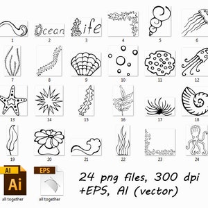 Ocean Life Clip Art, PNG, EPS, AI, Vector, Doodle Clipart, Hand Drawn ...