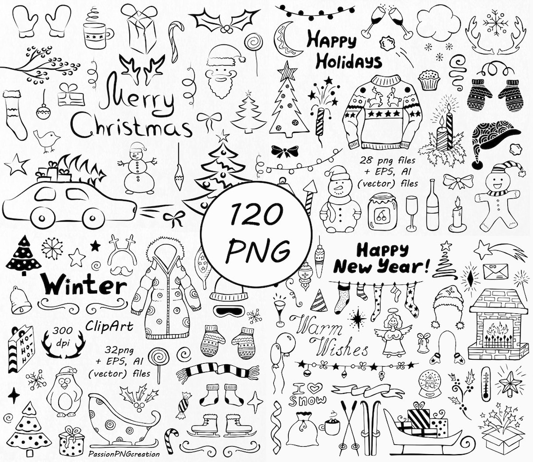 Winter Doodle Clipart: Hand-drawn Christmas Vector Graphics (120 Files ...