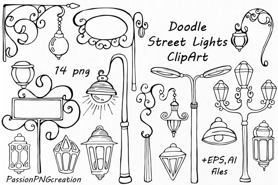 Doodle Street Lights Clipart: Hanging Signs, Silhouettes (PNG, EPS, AI ...