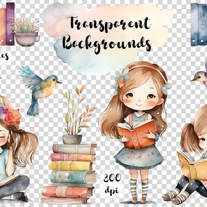 Watercolor Clipart of Cute Little Girls Reading Books - Perfect for ...